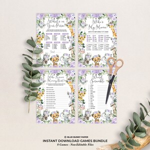 Purple Jungle Baby Shower Games Lilac Lavender Floral Safari Printable ...