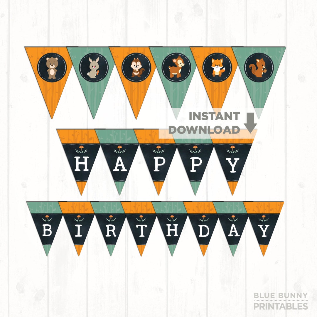 WOODLAND Birthday Banner. Woodland Animals Pennant Flags. First 1st ...