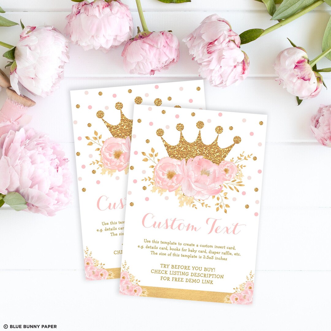 Crown Princess Birthday Insert Card EDITABLE TEMPLATE, Royal Baby Girl ...