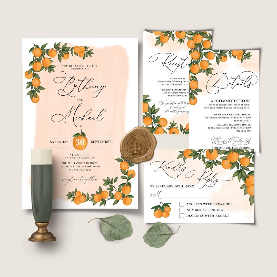 Orange Citrus Wedding Invitation Template Set, Summer Clementine ...