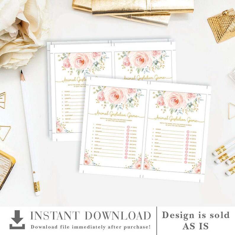 Blush Floral Baby Shower Game. Animal Pregnancy Watercolor Pink Gold ...