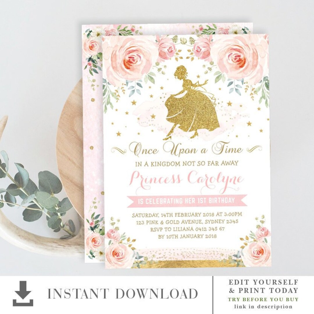 DIY Princess Birthday Invitation. Cinderella Tea Party Invite. Blush ...