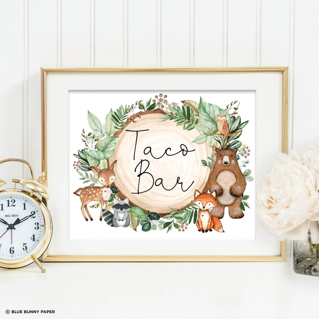Taco Bar Printable Sign, Woodland Forest Animals Baby Shower Decoration ...