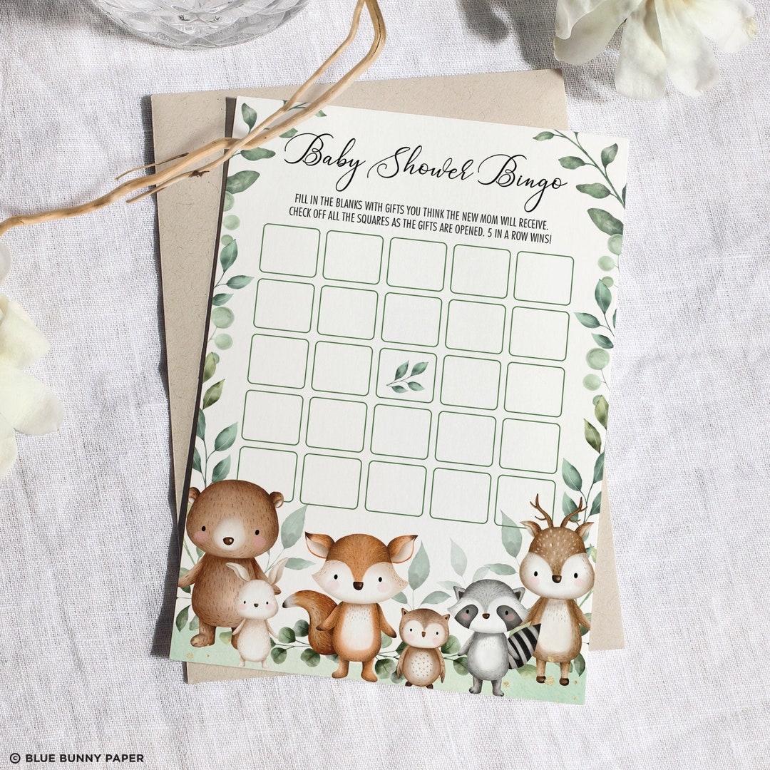 Bingo Baby Shower, Woodland Animals Baby Shower Printable, Greenery ...
