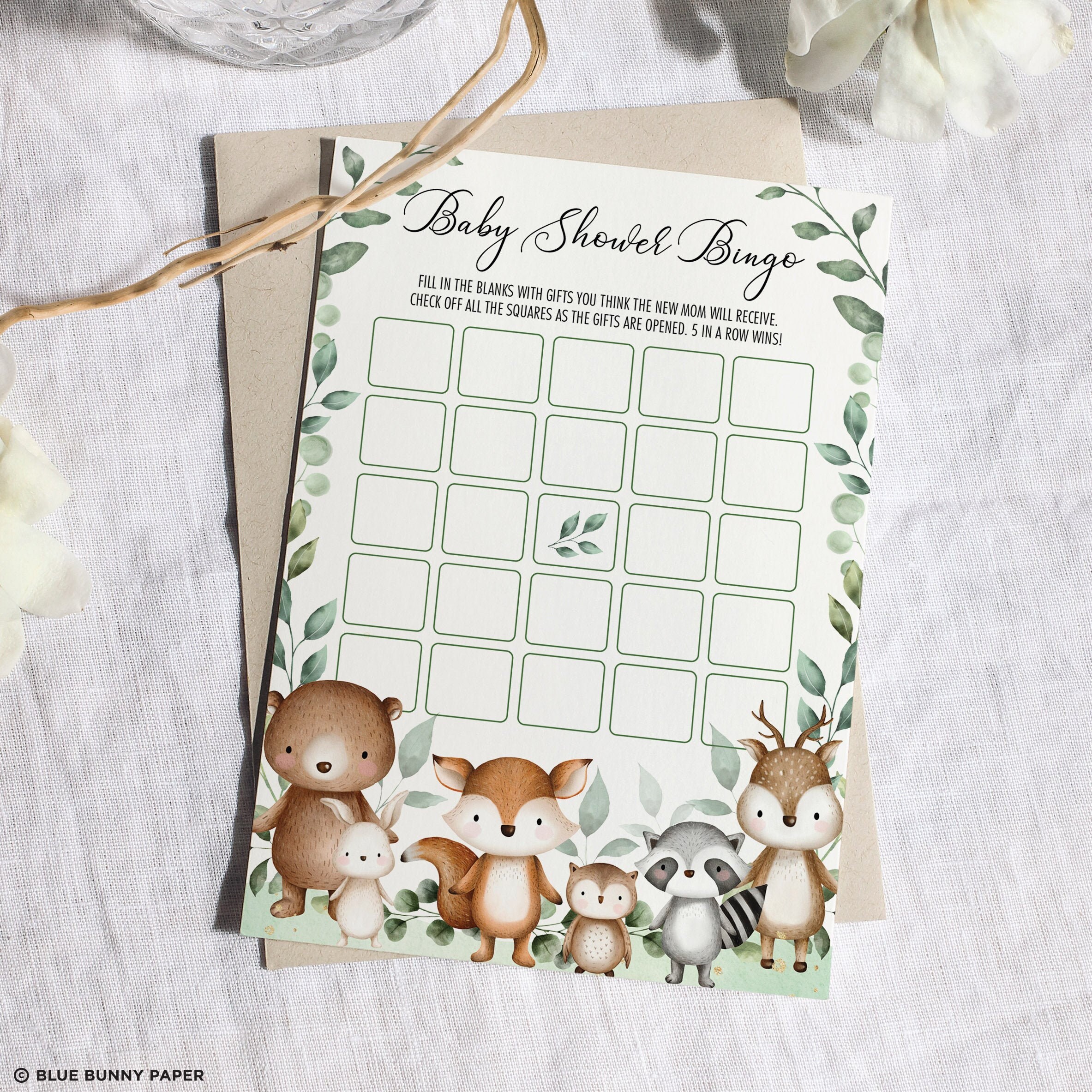 Bingo Baby Shower, Woodland Animals Baby Shower Printable, Greenery ...