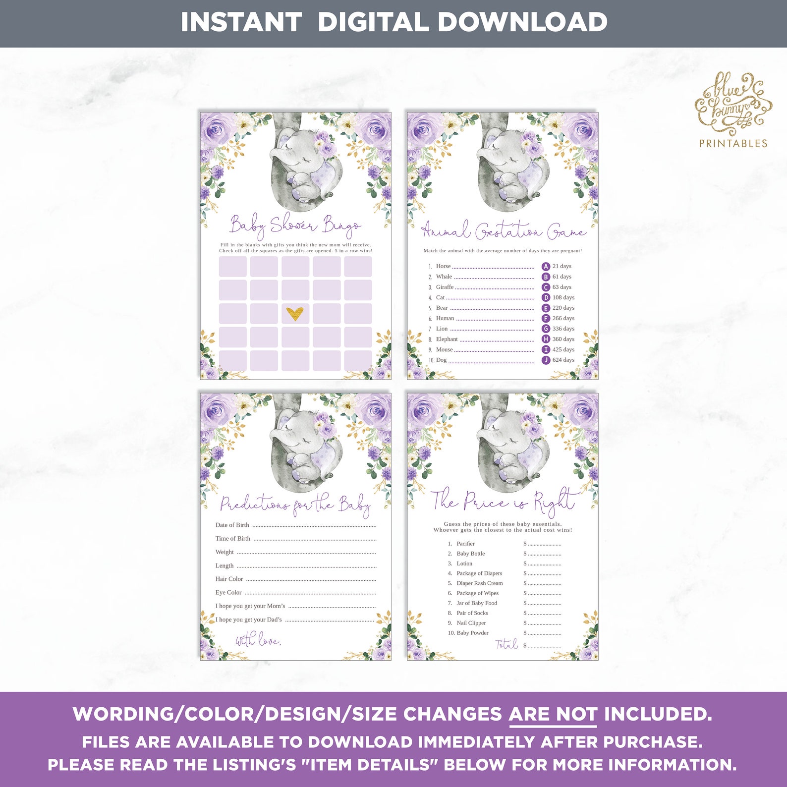 Purple Floral Elephant Baby Shower GAMES PACKAGE. 8x Jungle - Etsy