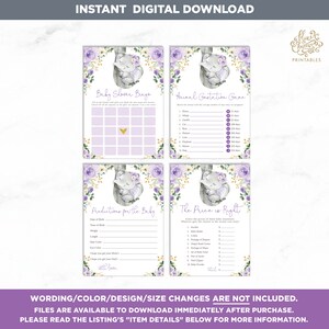 Purple Floral Elephant Baby Shower GAMES PACKAGE. 8x Jungle Safari ...