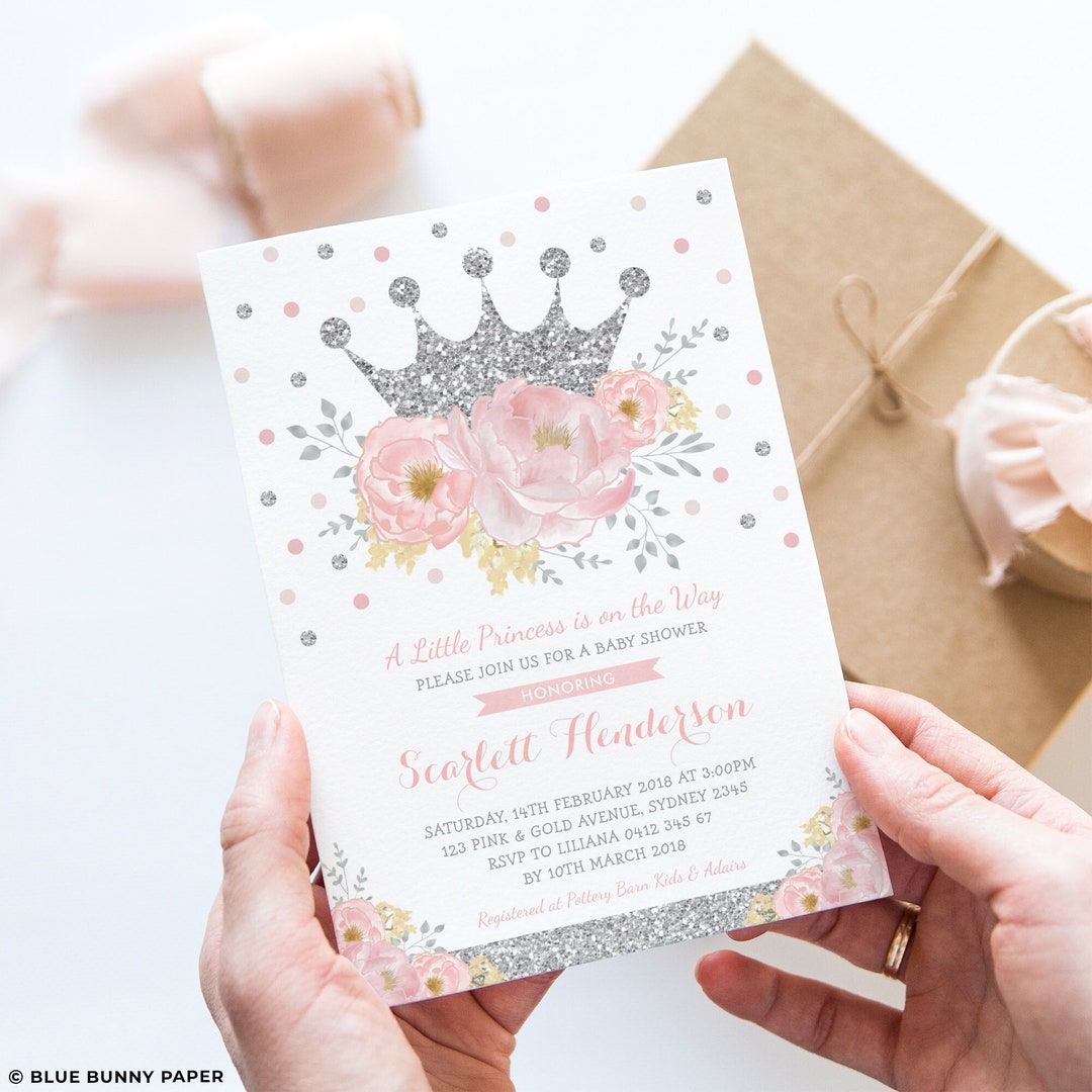 EDITABLE Crown Princess Baby Shower Invitation, Silver Blush Pink ...