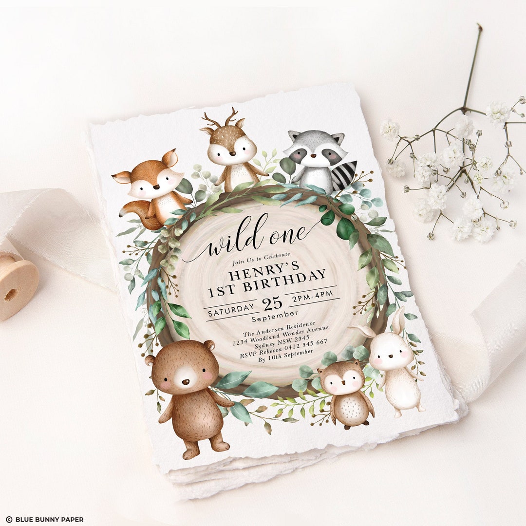 Cute Woodland Birthday Invitation, Forest Animals Wild One 1st Birthday ...