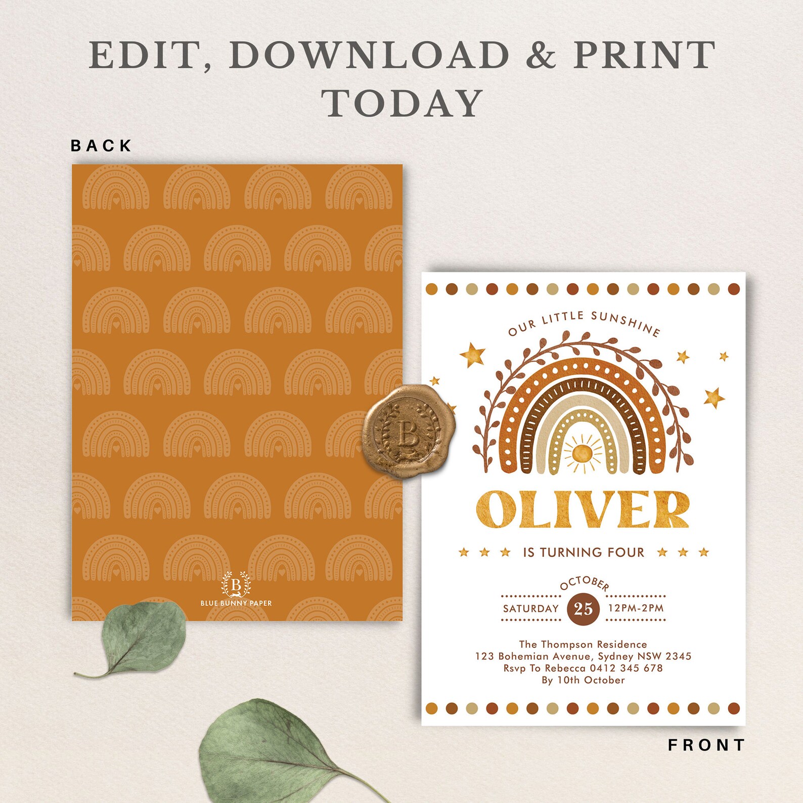 Editable Boho Rainbow Birthday Invitation, Terracotta Sunshine Party ...