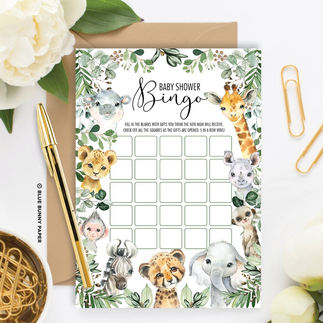 Greenery Safari Baby Shower Bingo Game. Jungle Wild Animals Printable ...