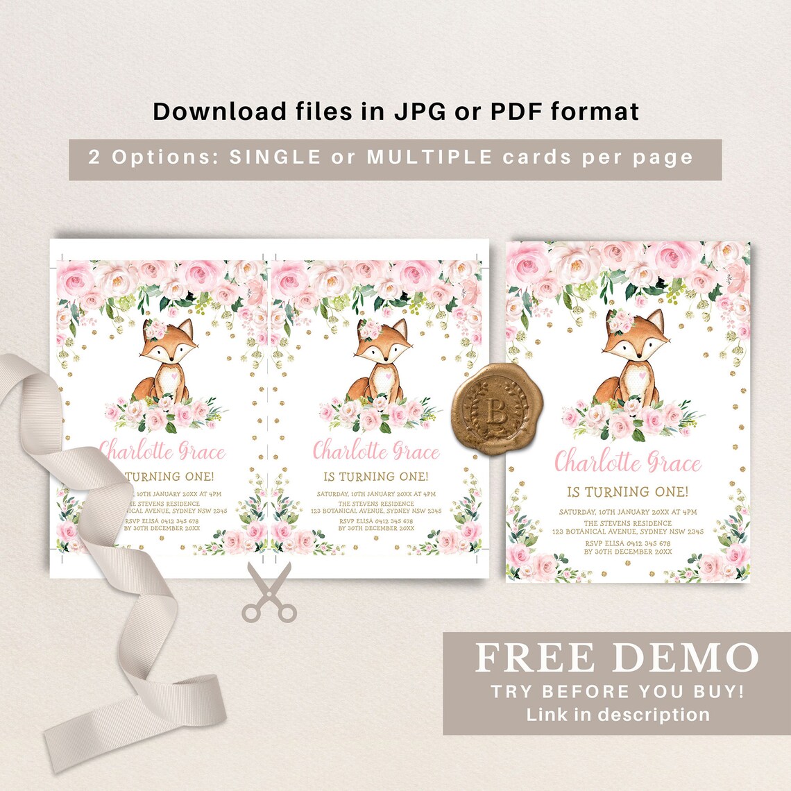 Pink Floral Fox Birthday Invitation, Girl Woodland Fox Party Invite ...