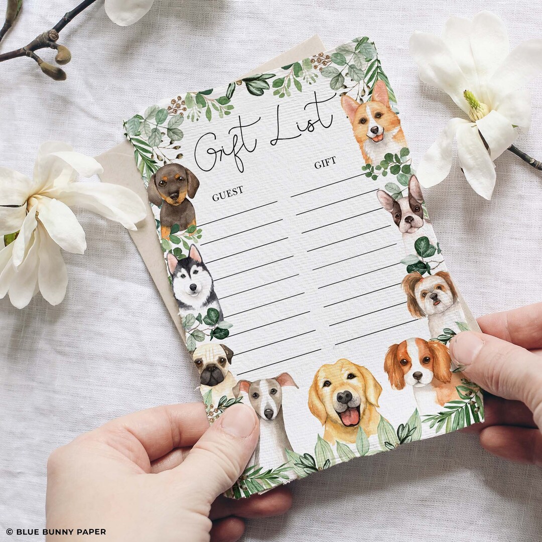Puppy Gift List Printable Card, Greenery Dogs Baby Shower, Birthday ...
