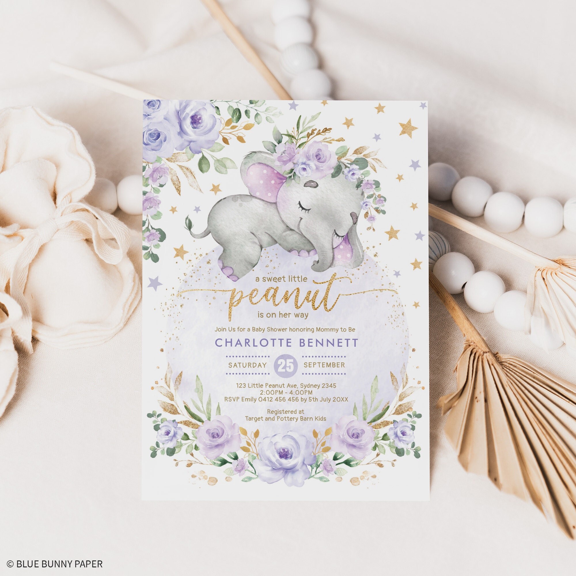 Lavender Elephant Baby Shower Invitation Purple Gold Floral - Etsy