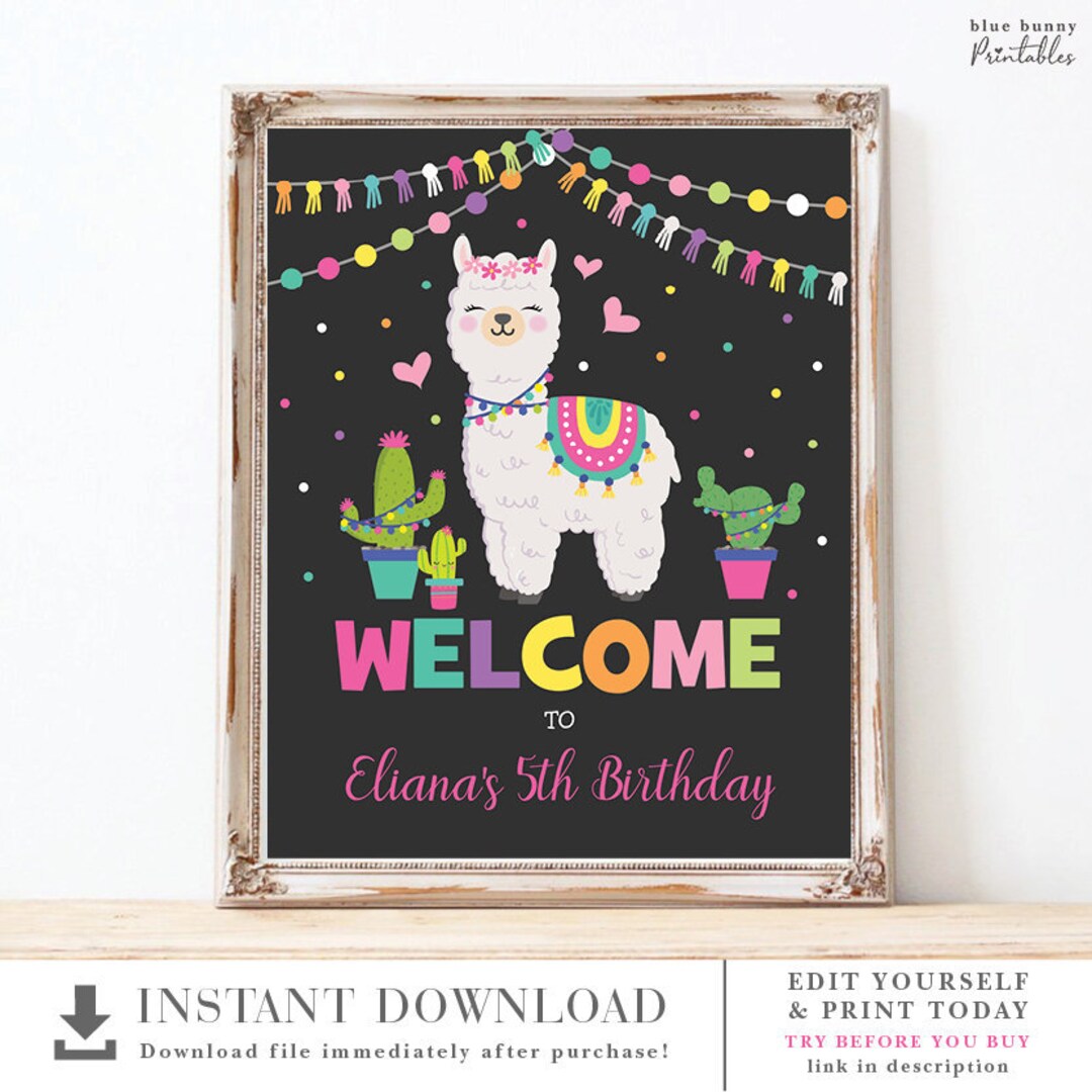 Girly Llama Welcome Sign. Fiesta Cactus Alpaca Birthday Party Poster ...