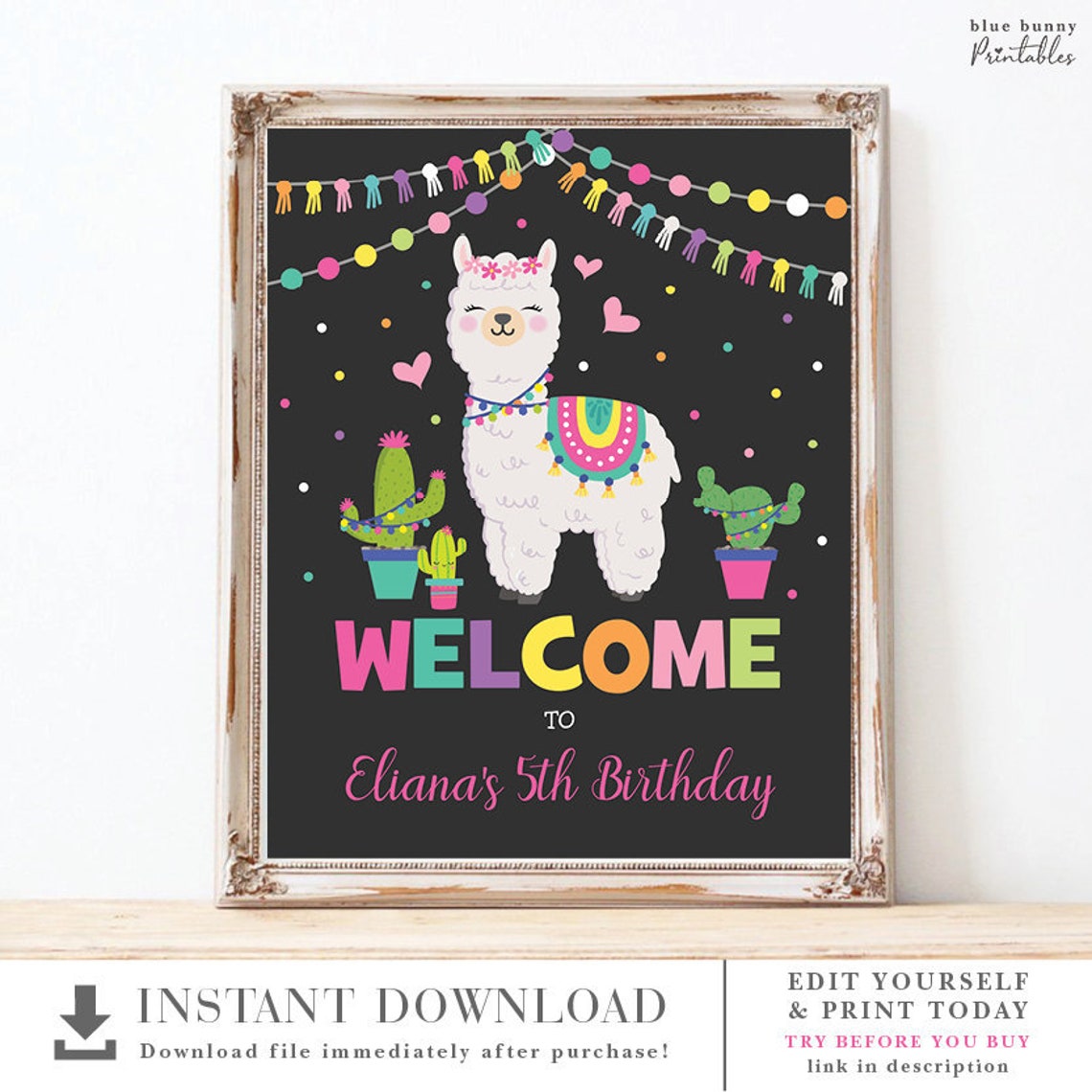 Girly Llama Welcome Sign. Fiesta Cactus Alpaca Birthday Party Poster ...