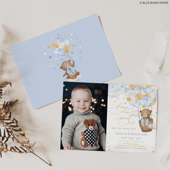 Editable Boy Teddy Bear Birthday Invitation, Blue Gold Hot Air Balloon ...