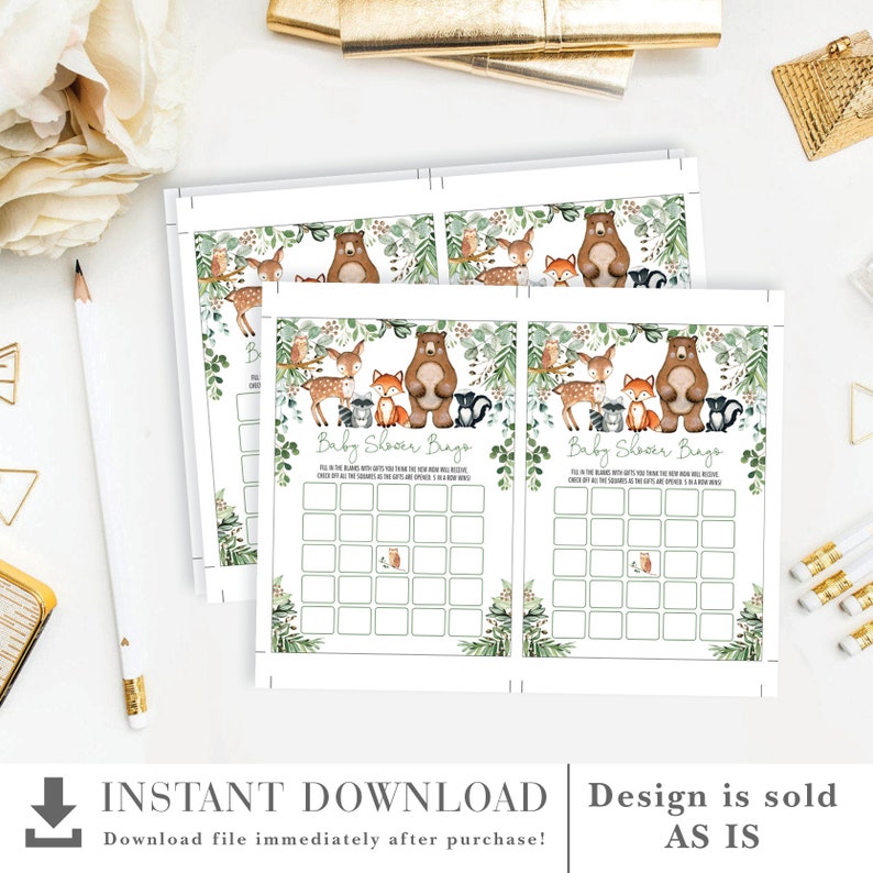 Woodland Animals Bingo Baby Shower Game. Greenery Botanical Forest ...