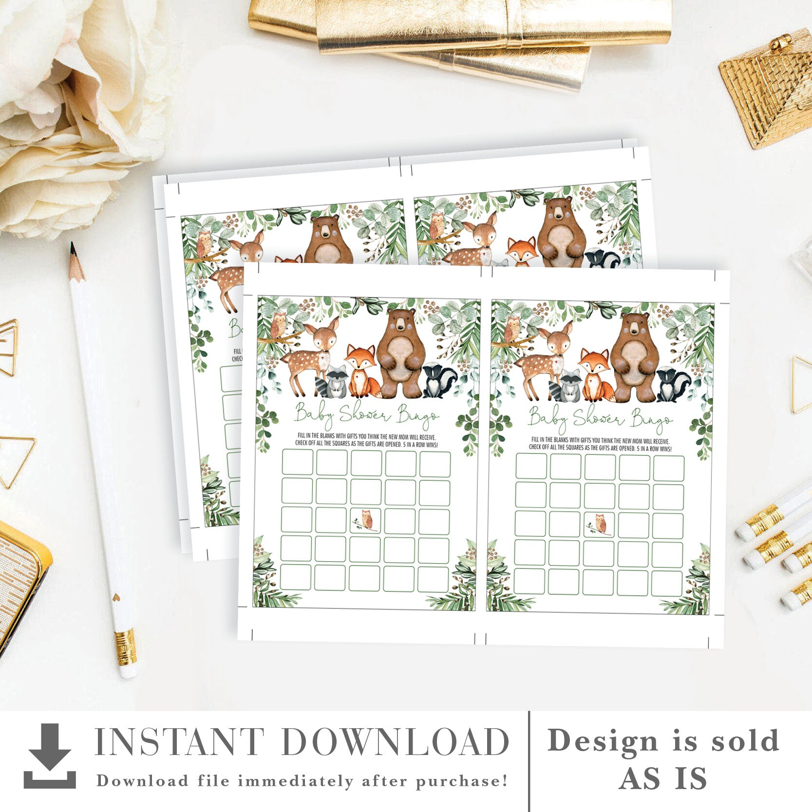 Woodland Animals Bingo Baby Shower Game. Greenery Botanical Forest ...