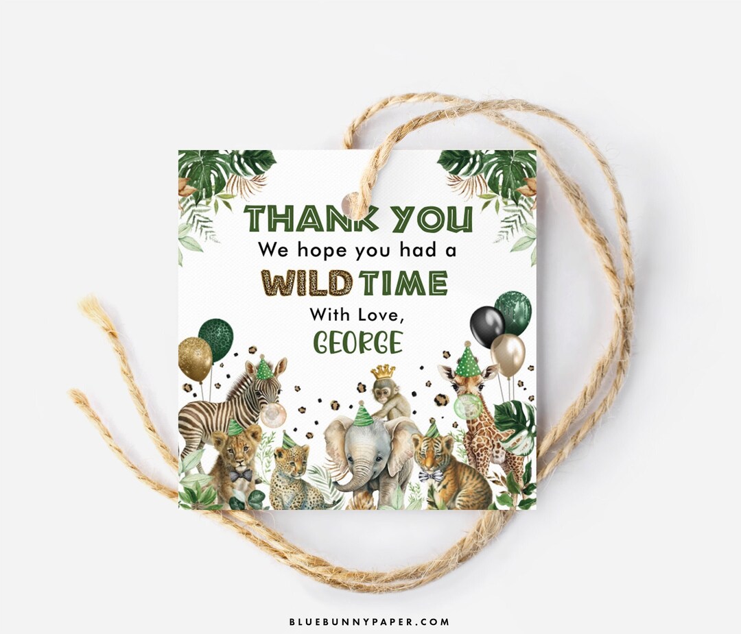 EDITABLE Party Animals Square Tag Wild Safari Birthday Favors Jungle ...