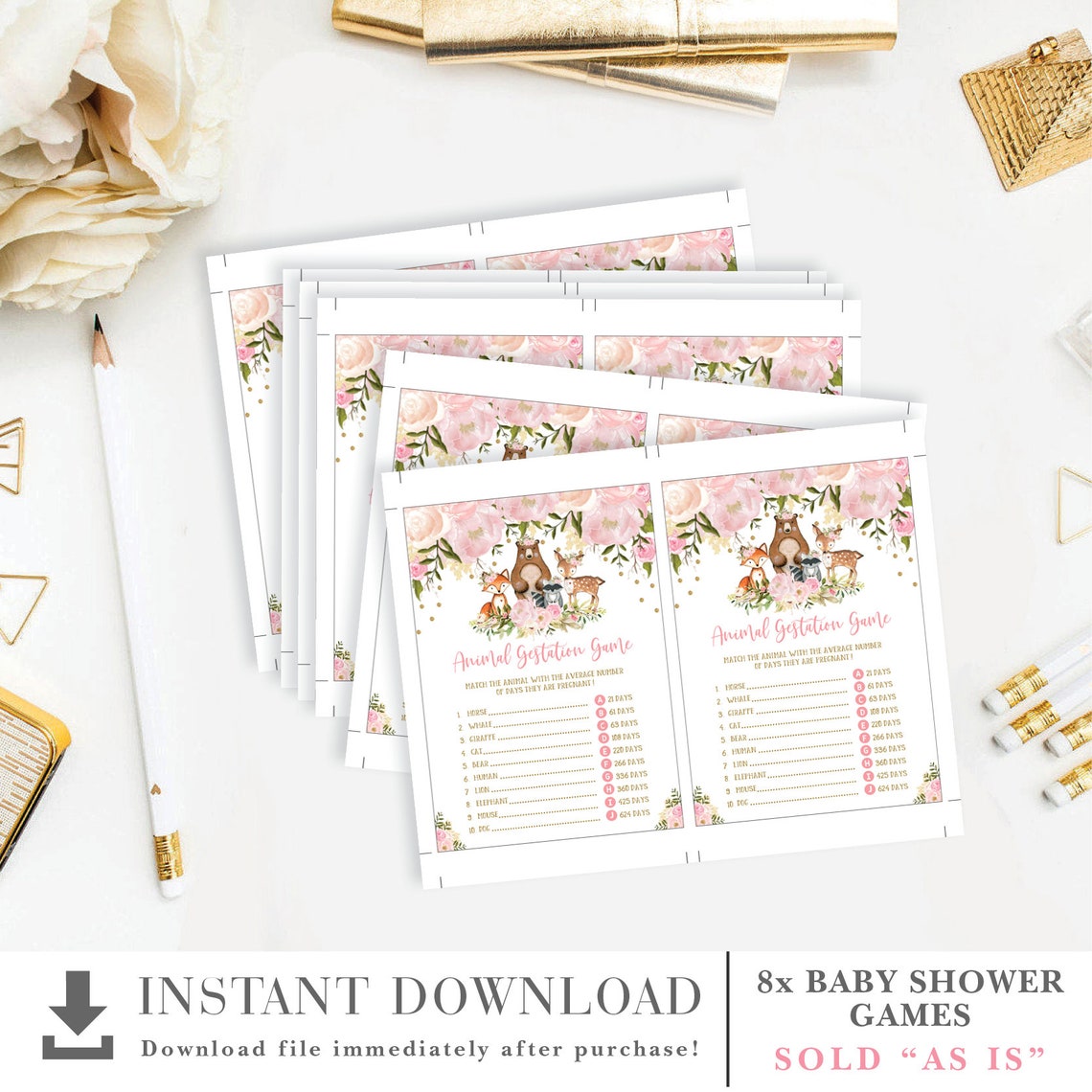 Girl Woodland Baby Shower GAMES PACKAGE. 8x Pink and Gold - Etsy