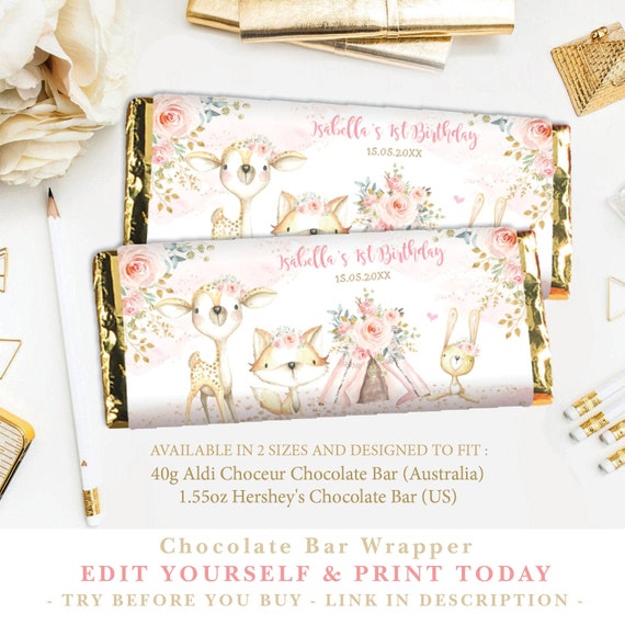 Blush Floral Woodland Animals Chocolate Bar Wrapper. EDITABLE Boho Baby ...