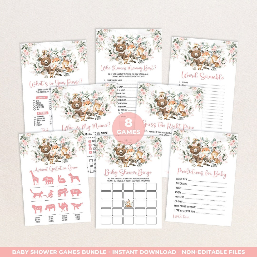 Pink Floral Woodland Baby Shower Games Baby Girl Forest Animals Baby ...