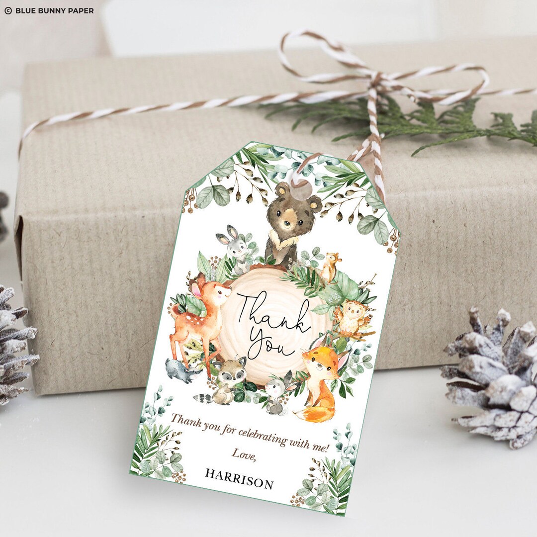 EDITABLE Woodland Favor Tag, Greenery Forest Animals Baby Shower ...