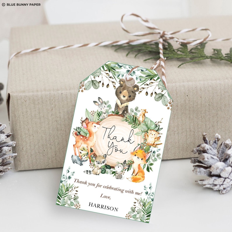 EDITABLE Woodland Favor Tag Greenery Forest Animals Baby - Etsy