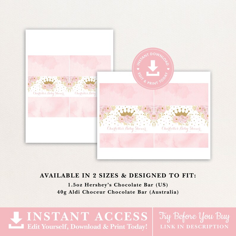 EDITABLE Princess Chocolate Bar Wrapper. Blush Gold Crown - Etsy
