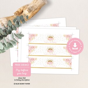 Crown Princess Water Bottle Label, Royal Birthday, Blush Pink Gold Baby ...