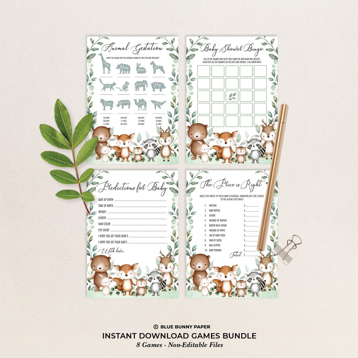 Cute Woodland Baby Shower Games 8x Greenery Forest Animals | Etsy