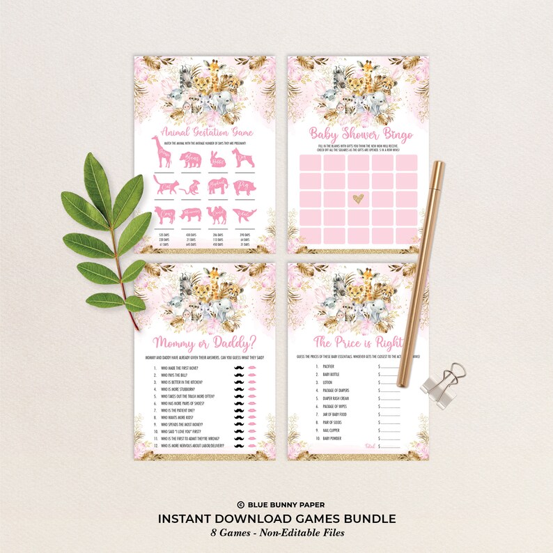 Blush Safari Baby Shower Games Bundle Girl Jungle Animals - Etsy