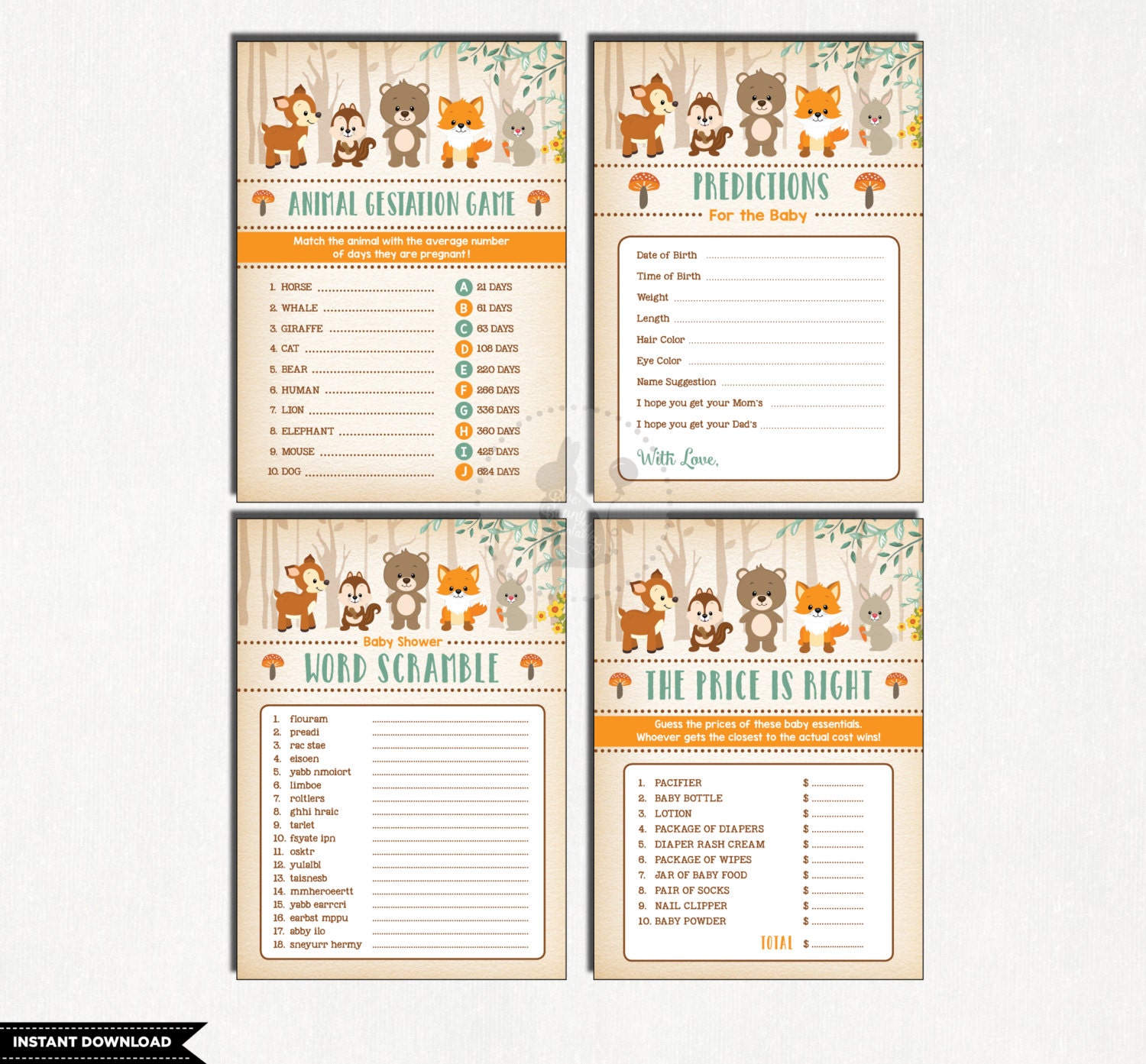 Woodland Baby Shower GAMES PACKAGE. 8x Rustic Forest Animals | Etsy