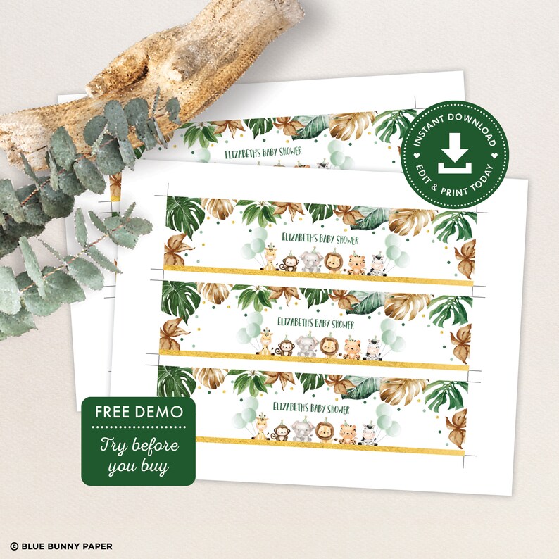 Jungle Water Bottle Label Template, Safari Party Animals Baby Shower ...