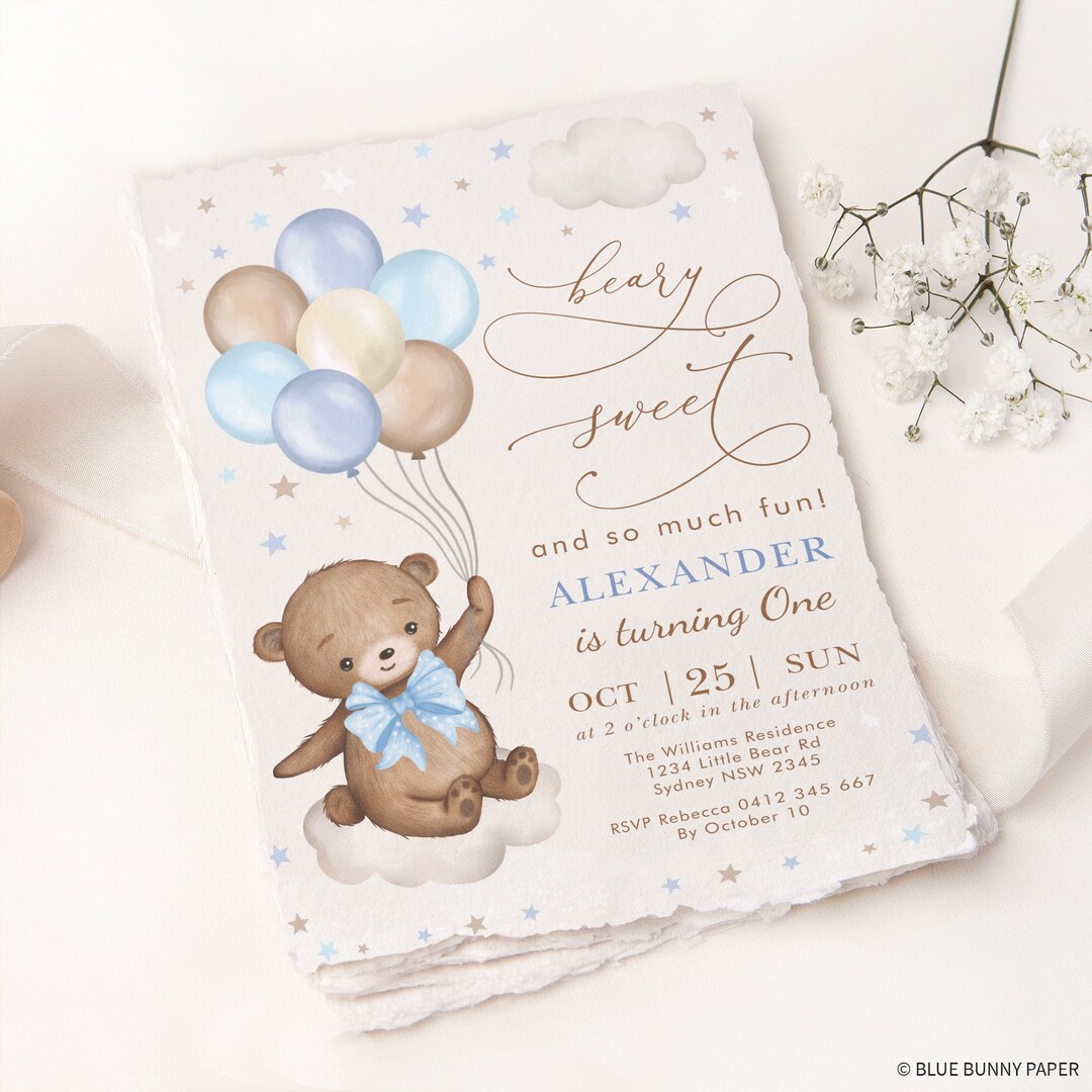 Boy Teddy Bear Birthday Invitation, Bear Balloons Party Invite, Blue ...