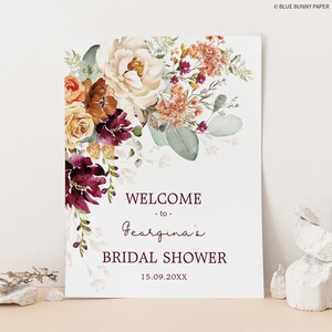Rustic Boho Floral Bridal Shower Welcome Sign Burgundy Terracotta ...