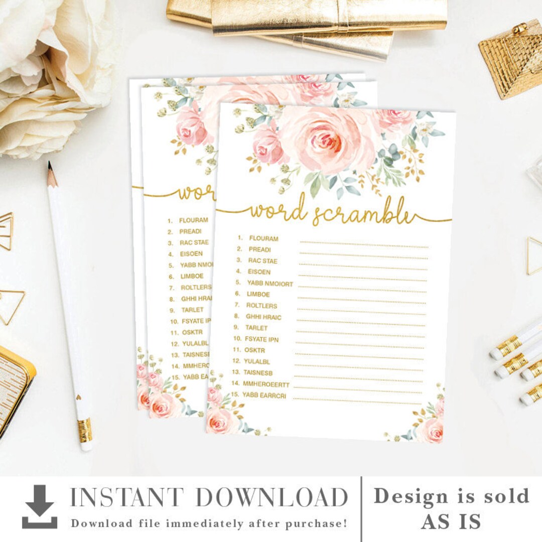 Pink Gold Baby Shower Game. Word Scramble Watercolor Blush Pink Flower ...