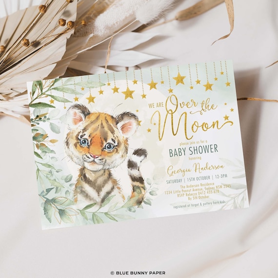 Tiger Moon & Stars Baby Shower Invite, Tiger Cub Invitation, Greenery ...