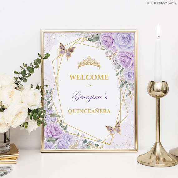 Lilac Quinceanera Welcome Sign Purple Gold Mis Quince 15 Anos Editable ...