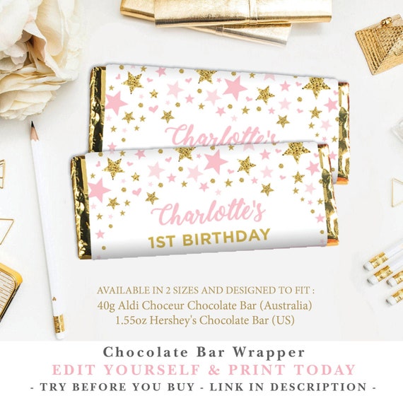 EDITABLE Twinkle Little Star Chocolate Bar Wrapper. Pink & Gold Stars ...