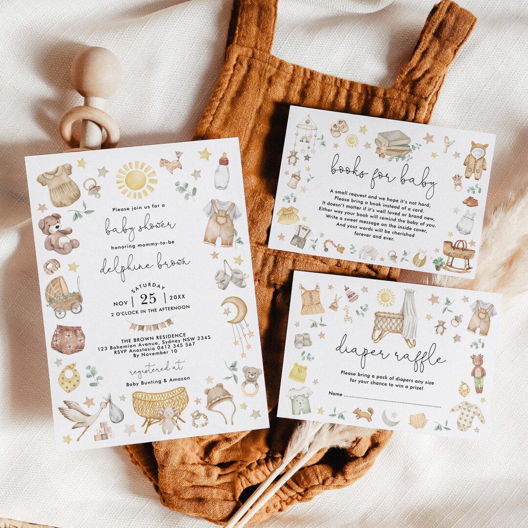 Gender Neutral Baby Shower Invitation Bundle, Boho Baby Clothes Invite ...