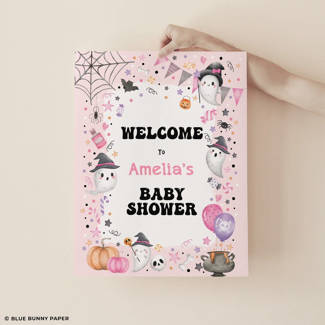Editable Halloween Welcome Sign Pink Spooky Ghost Baby Shower ...
