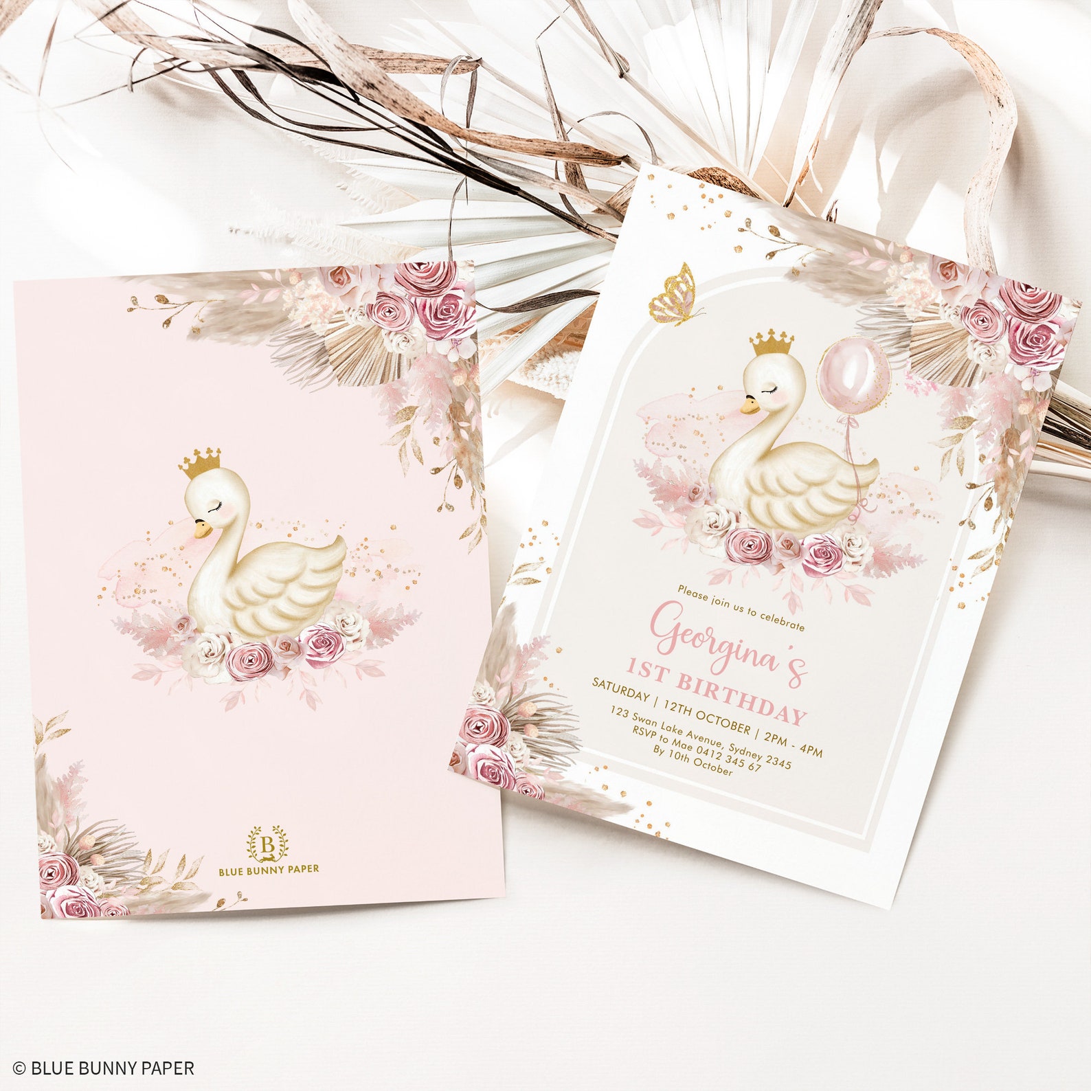 Editable Boho Swan Princess Birthday Invitation Template Blush Pink ...