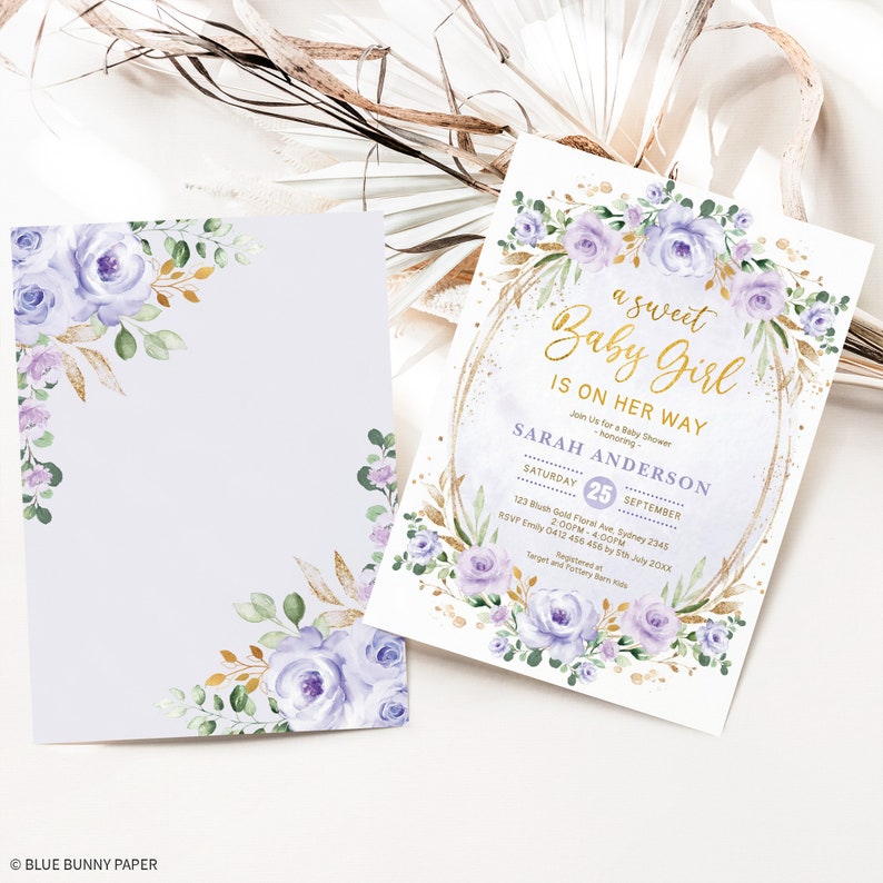 Purple Floral Baby Shower Invitation, Sweet Baby Girl Printable Invite, Watercolor Rose Garden ...