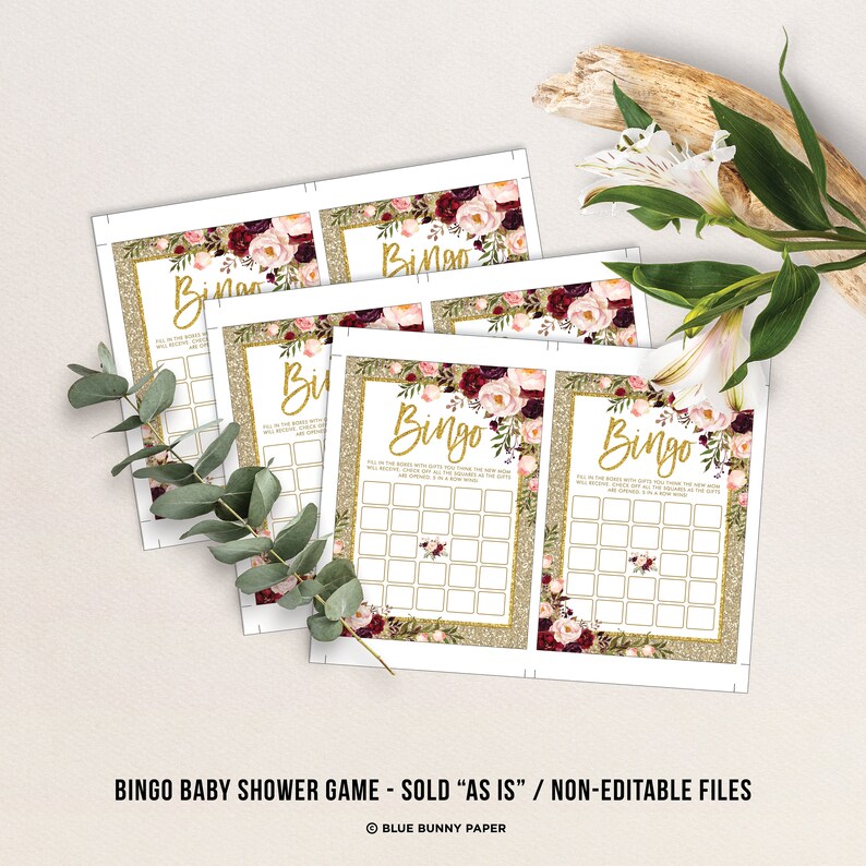 Gold Glitter Bingo Baby Shower Game. Blush Burgundy Flowers - Etsy