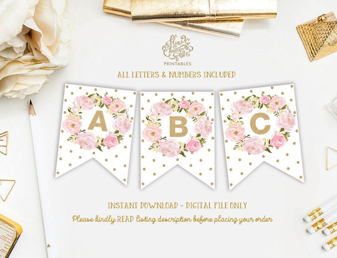 Pink Floral Birthday Printable Banner. Party Decorations. Baby - Etsy