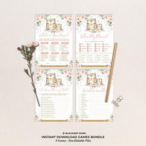 Owl Baby Shower GAMES BUNDLE, 8 Blush Floral Printable Games, Owl Baby ...