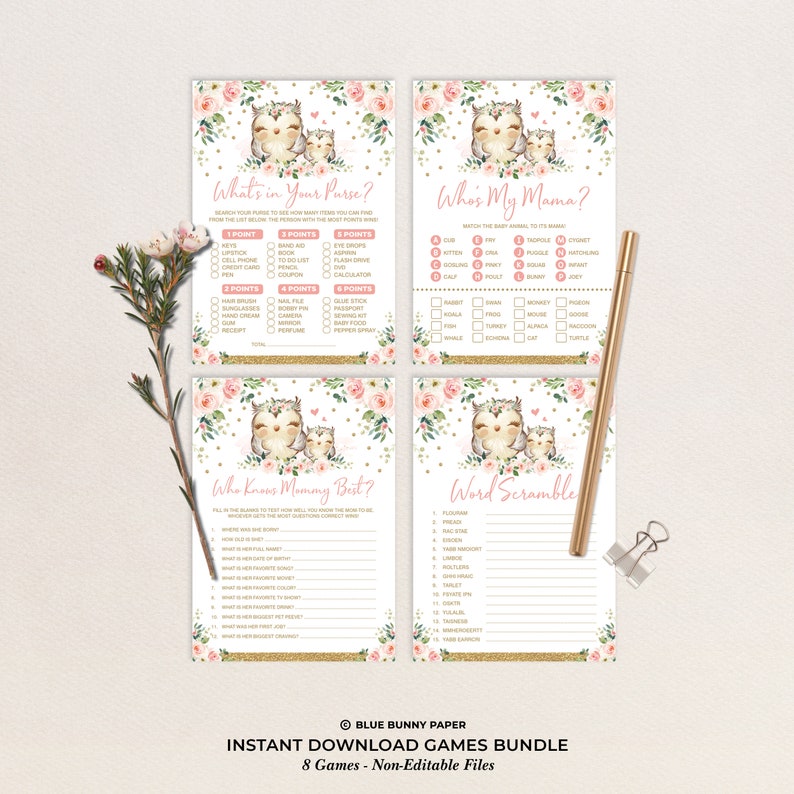 Owl Baby Shower GAMES BUNDLE, 8 Blush Floral Printable Games, Owl Baby ...