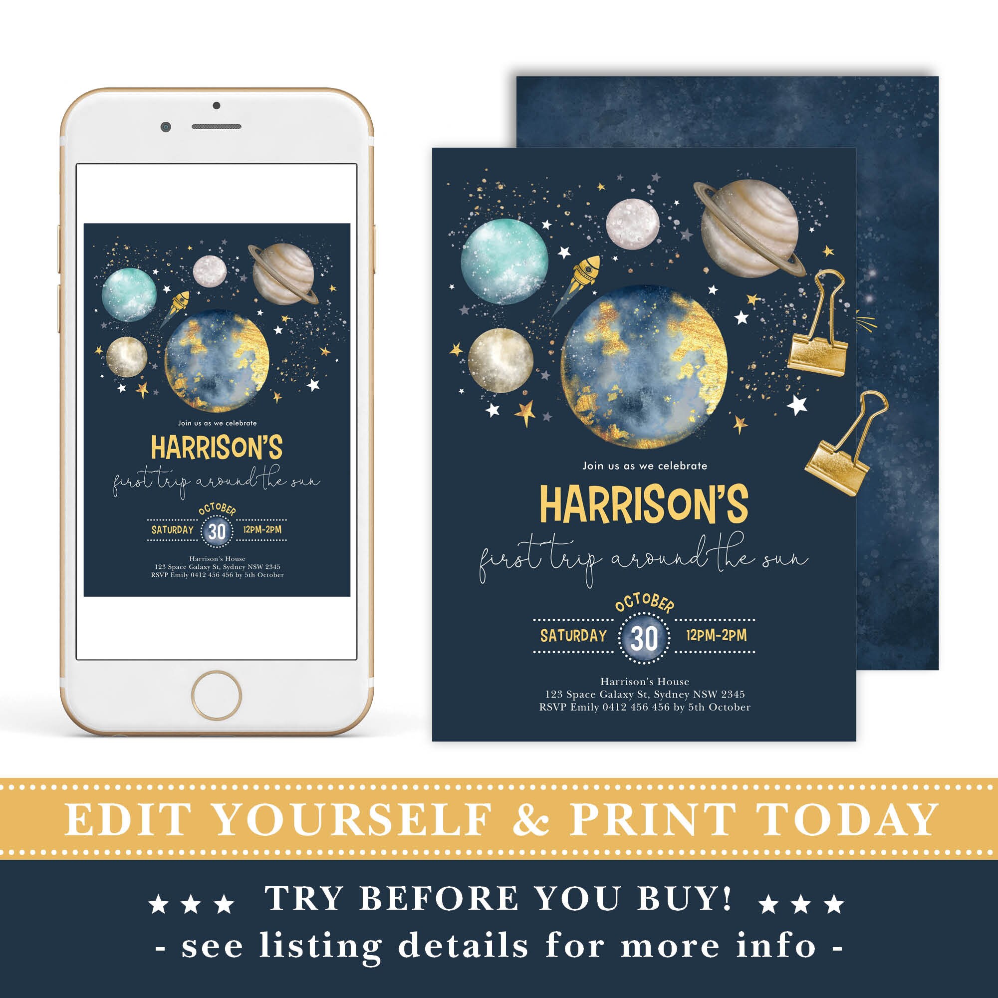 Outer Space Birthday Invitation Template, Planets Galaxy Party Invite ...
